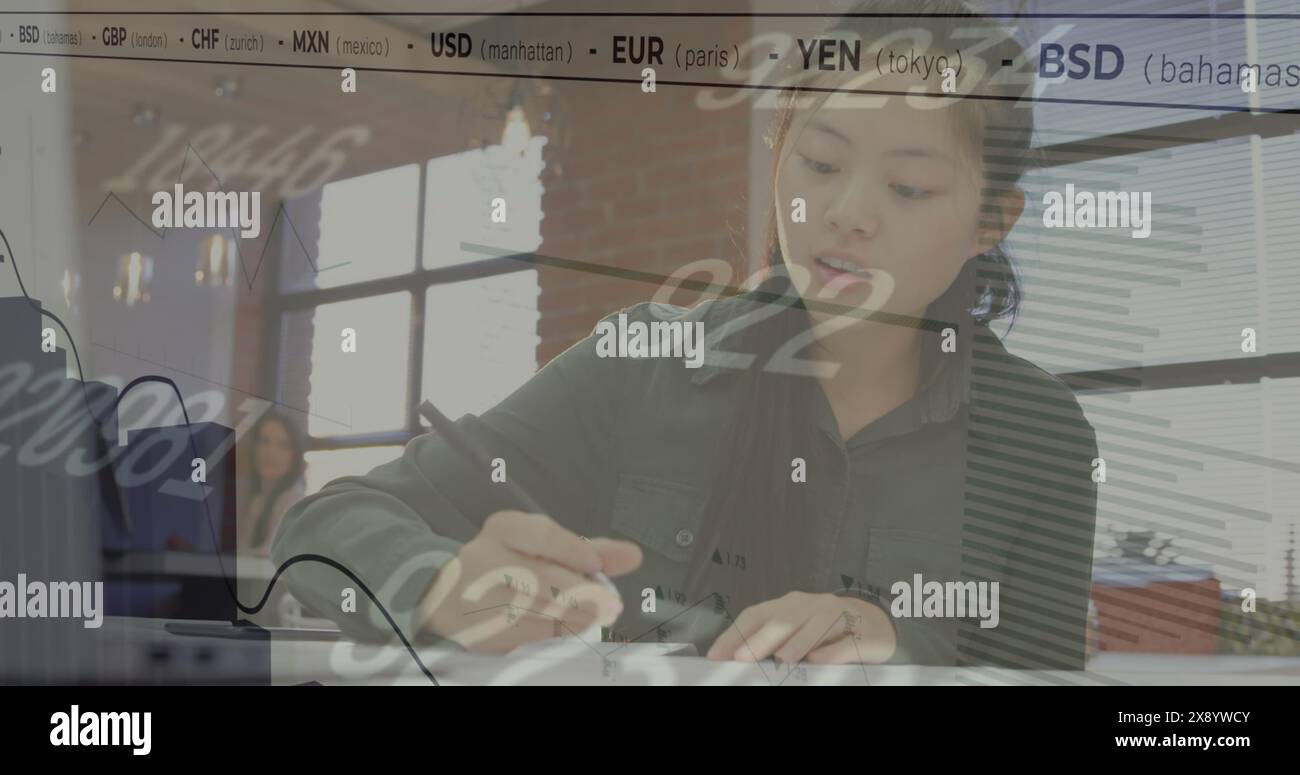 Image of stock market data processing, changing numbers over asian ...