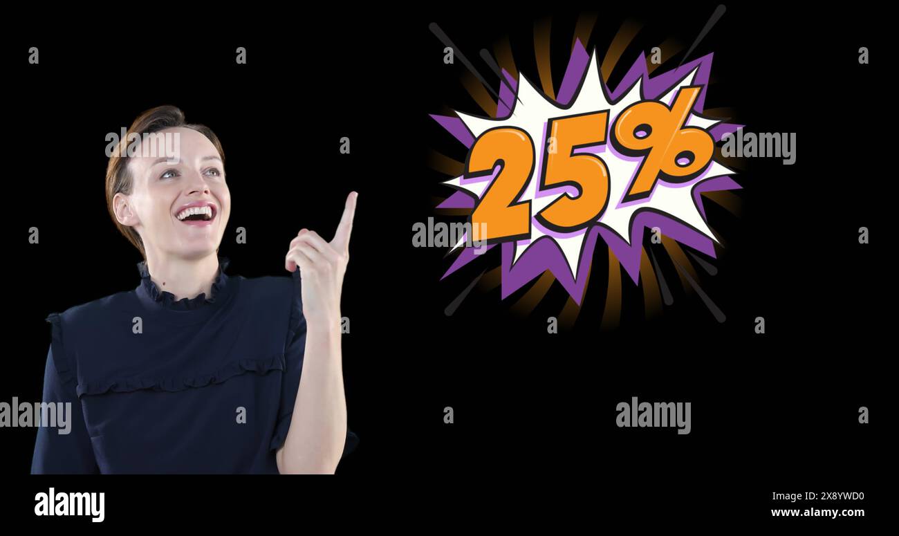 Image of happy caucasian woman pointing towards 25 number with ...