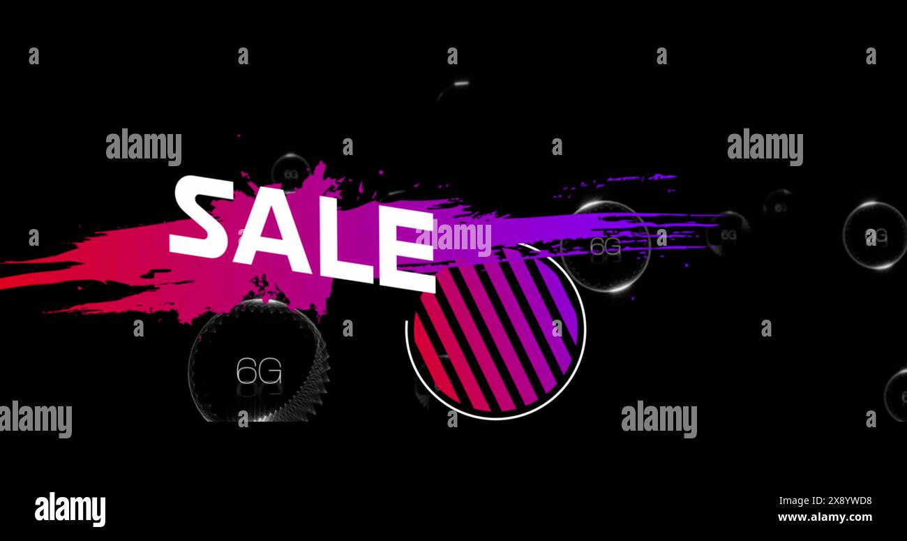 Image of sale text on color splash with geometric shapes, 6g text in ...