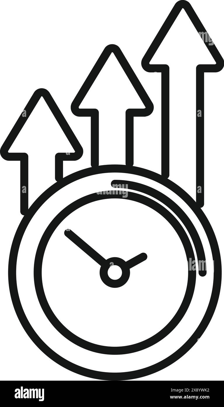 Black and white line art icon of a clock with upward arrows symbolizing ...