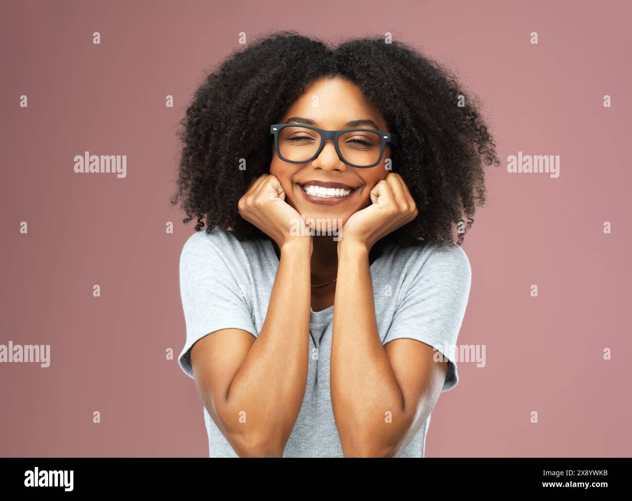 Studio, joy and black girl with glasses for vision, portrait and Gen z ...