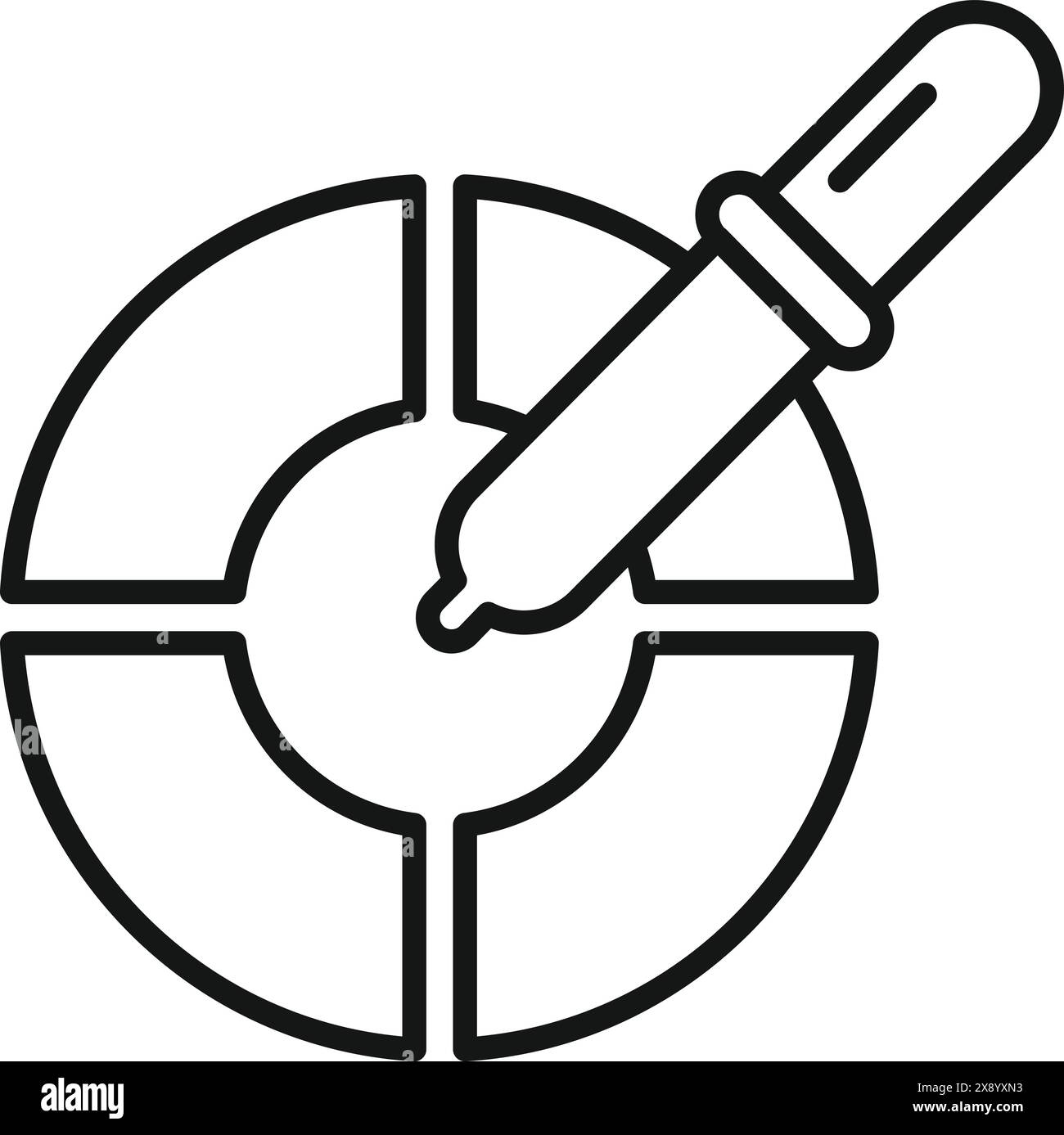 Black and white icon of a pipette dispensing a sample into a segmented circular plate Stock ...