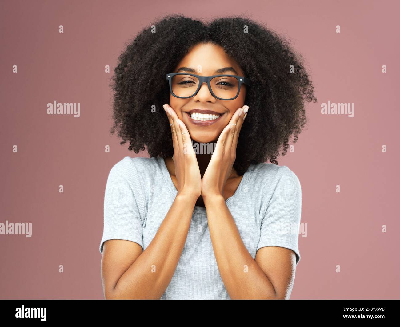 Studio, excited and black girl with glasses for vision, portrait and ...