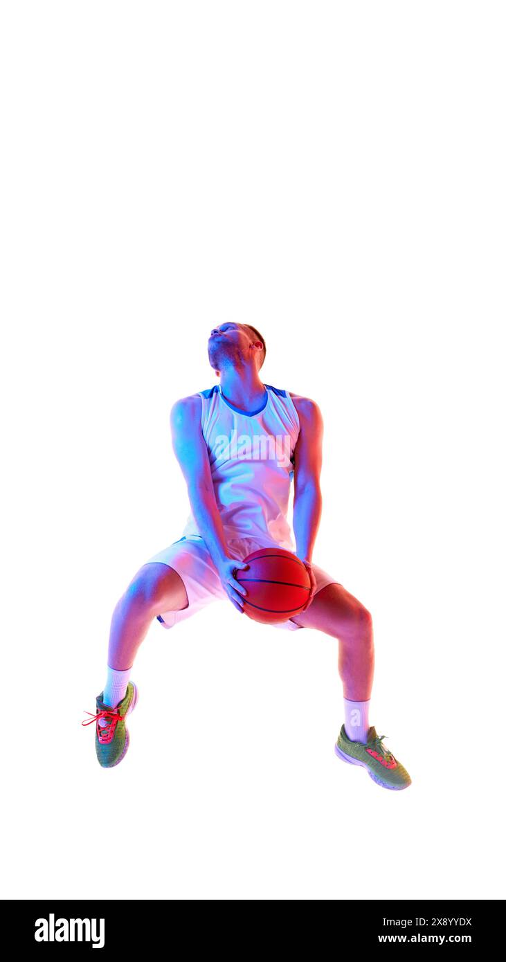 Poster. Basketball player leaping in motion and leaned back to make ...