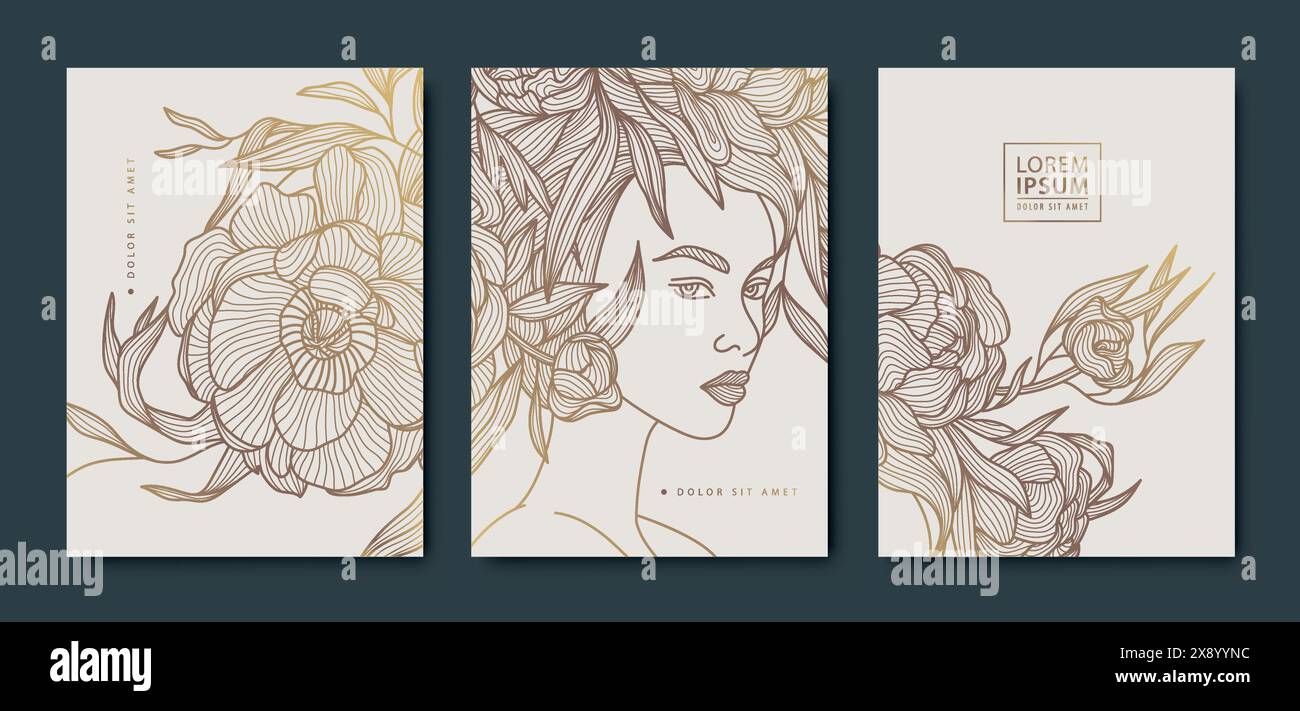 Vector set of woman line art covers, beauty design portrait with ...