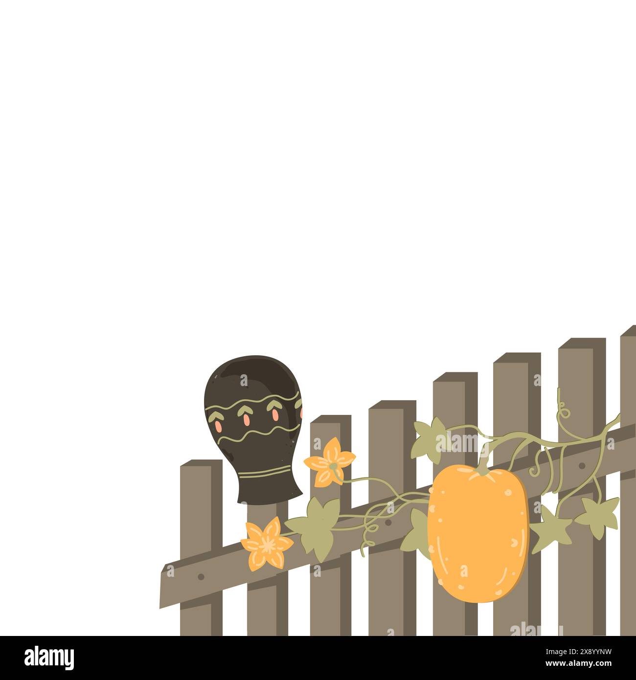 Wooden fence with ripe pumpkin plant and black jug. Fall composition ...