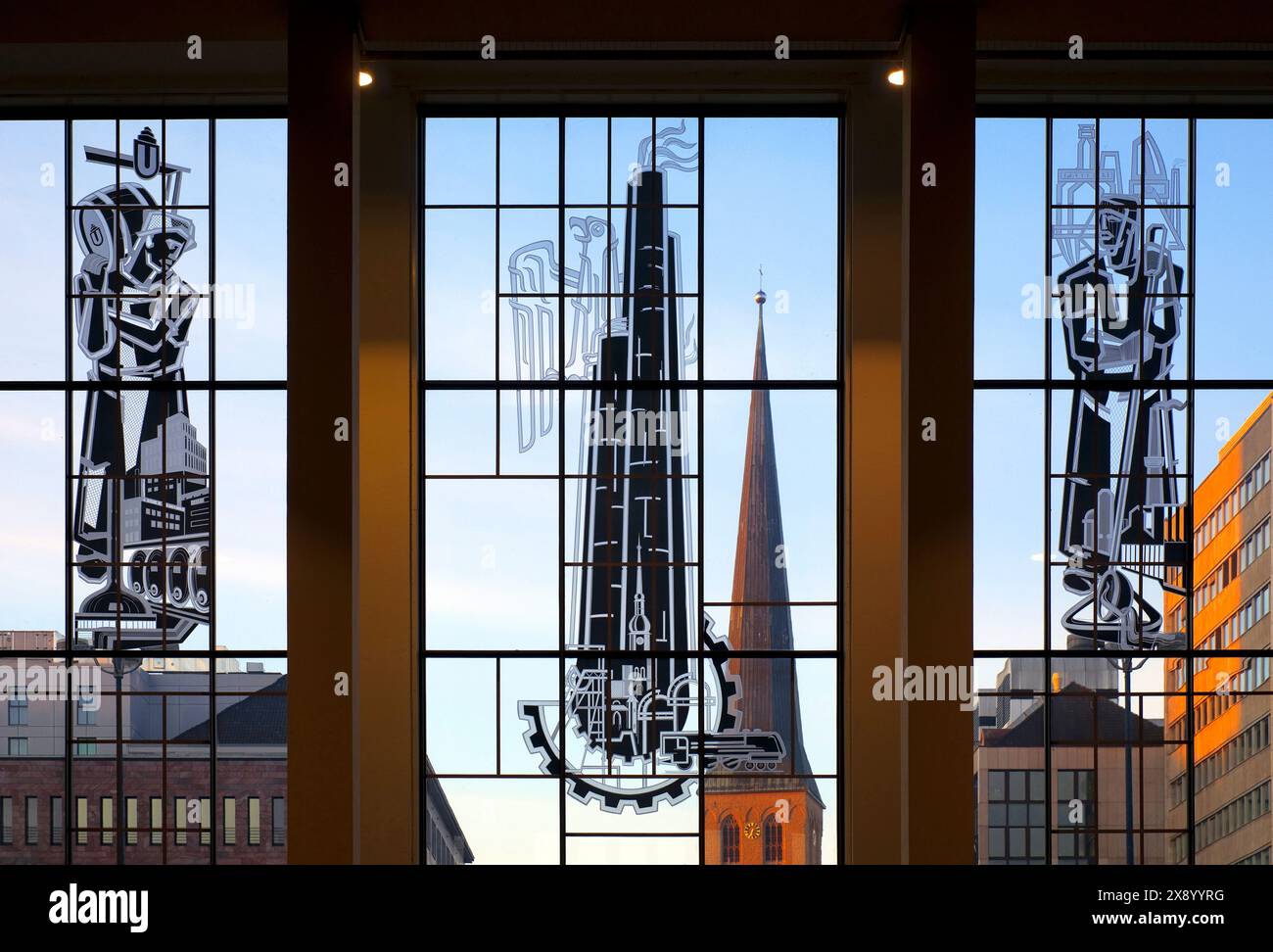 View through the glass front of the main railway station with a ...
