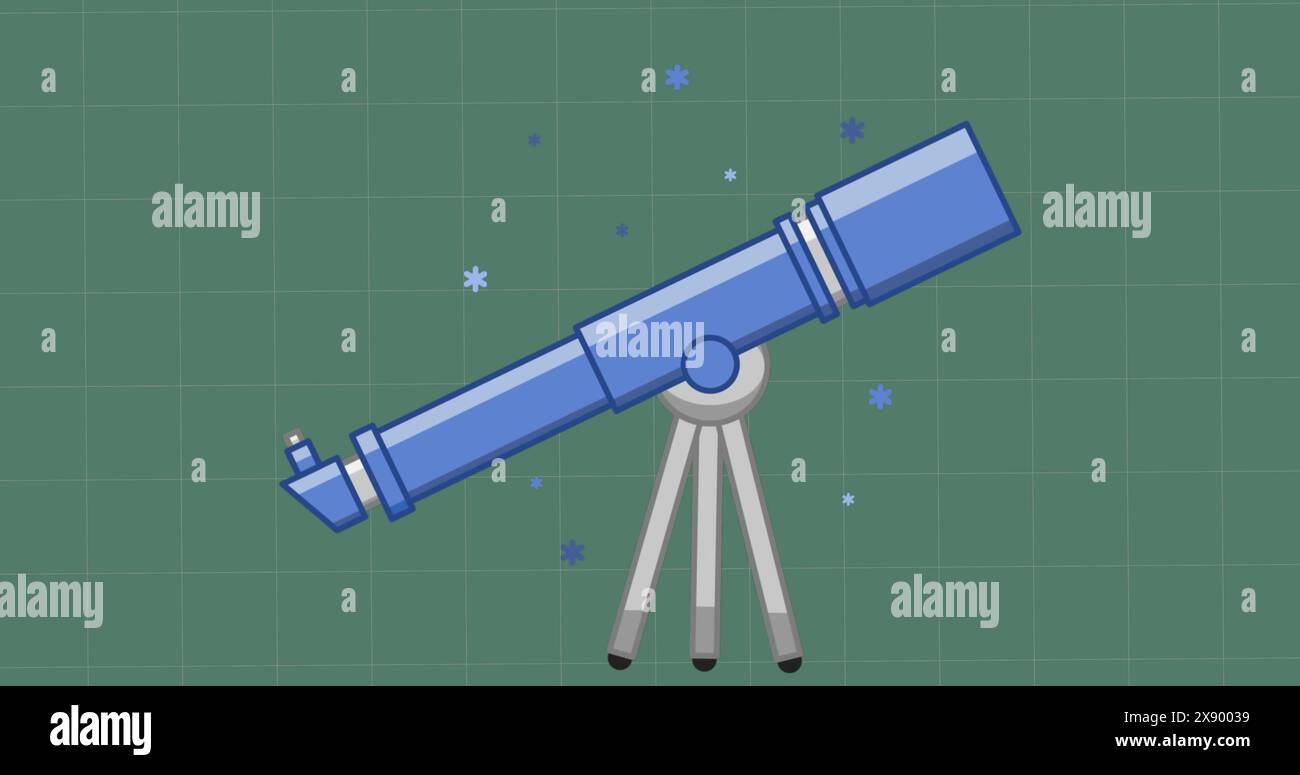 Image of telescope icon over grid network on green background with copy ...