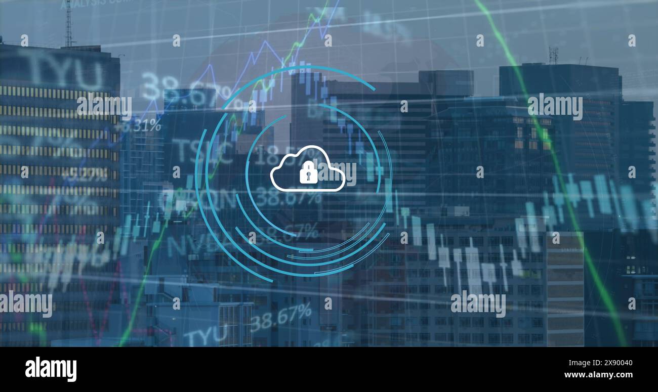 Image of security padlock icon, financial and stock market data ...