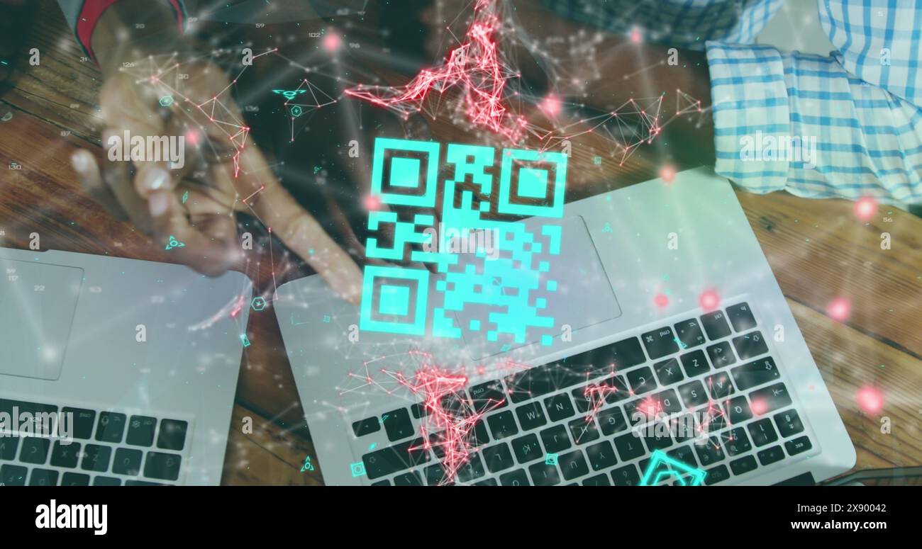 Image of qr code scanner over mid section of diverse people discussing ...