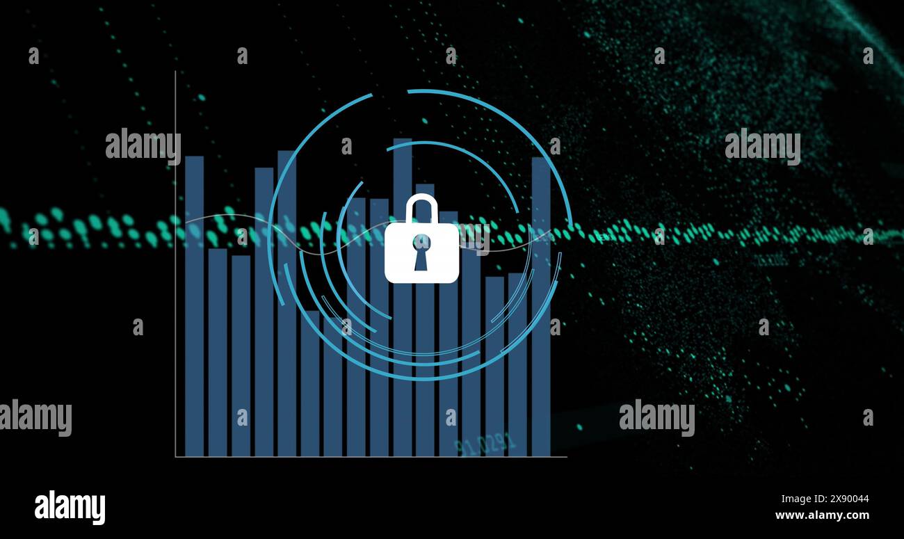 Image of security padlock icon and statistical data processing against black background Stock ...