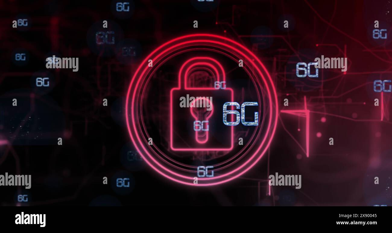 Image of multiple 6g text banners and security padlock icons and red ...