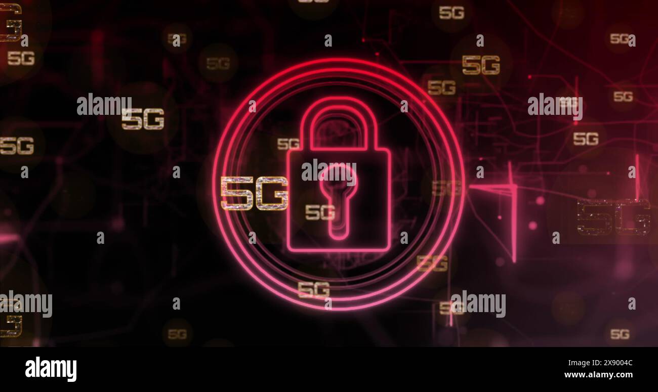 Image of multiple 5g text banners and security padlock icons and red ...
