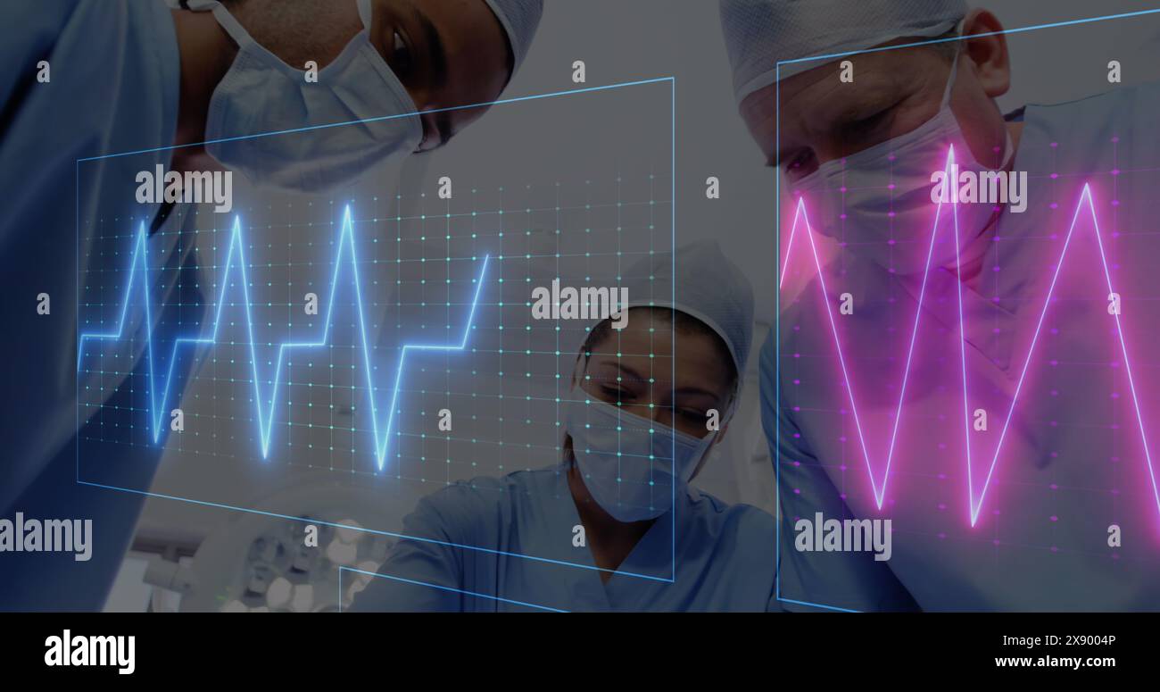 Image of heart rate monitor against team of diverse surgeons performing ...