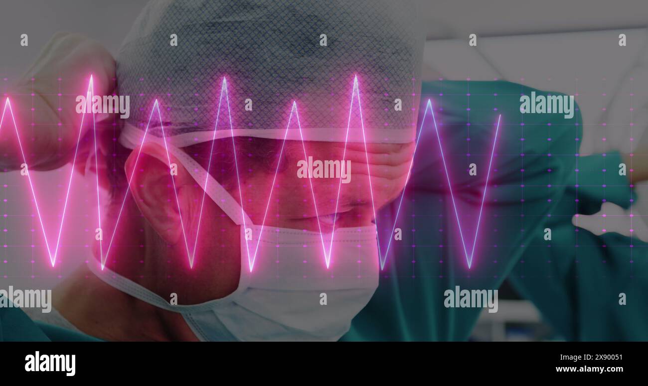 Image of heart rate monitor against caucasian male surgeon wearing ...