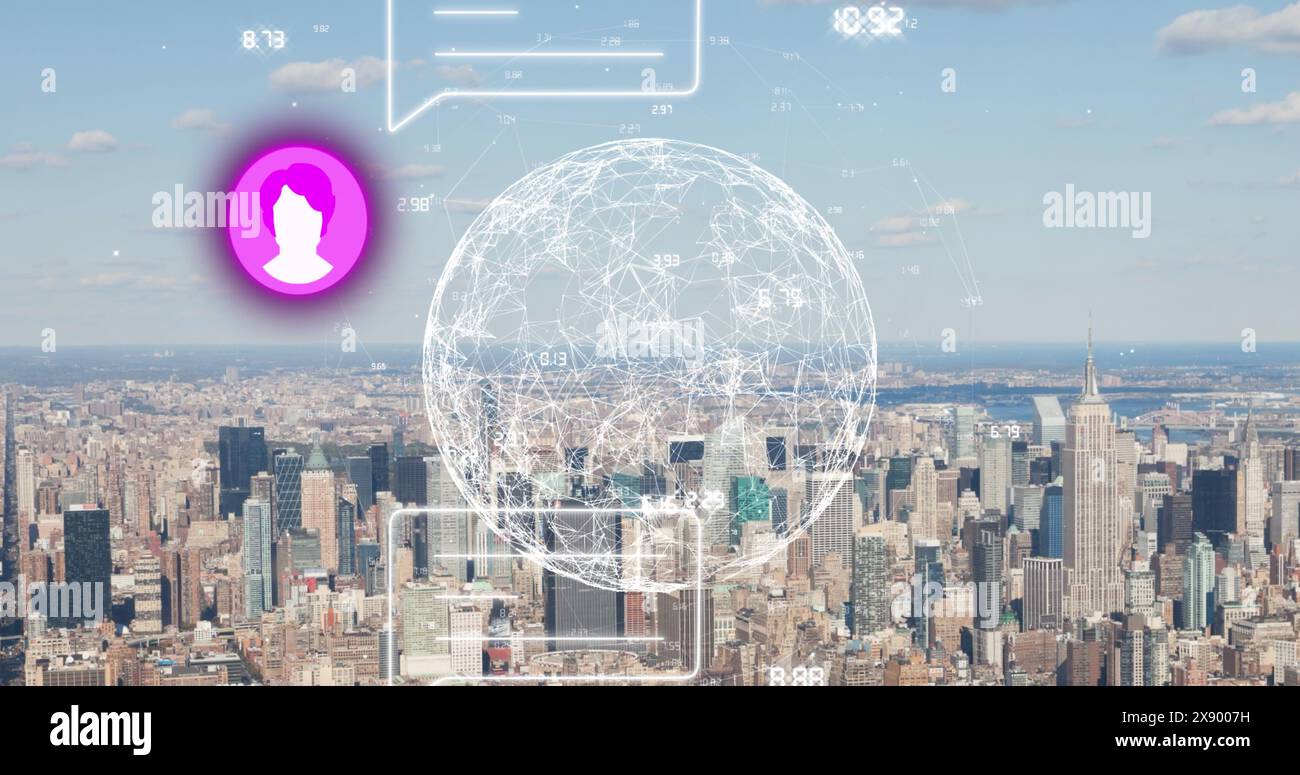 Image of profile and message icons over globe of network of connections ...