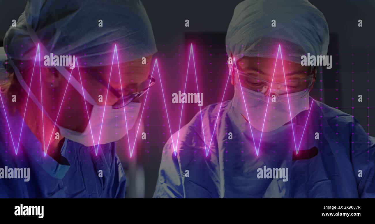 Image of heart rate monitor over diverse male and female surgeons ...