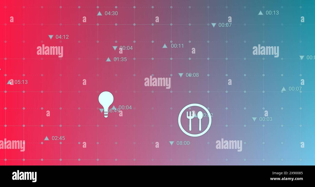 Image of multiple icons and changing numbers over grid pattern against ...