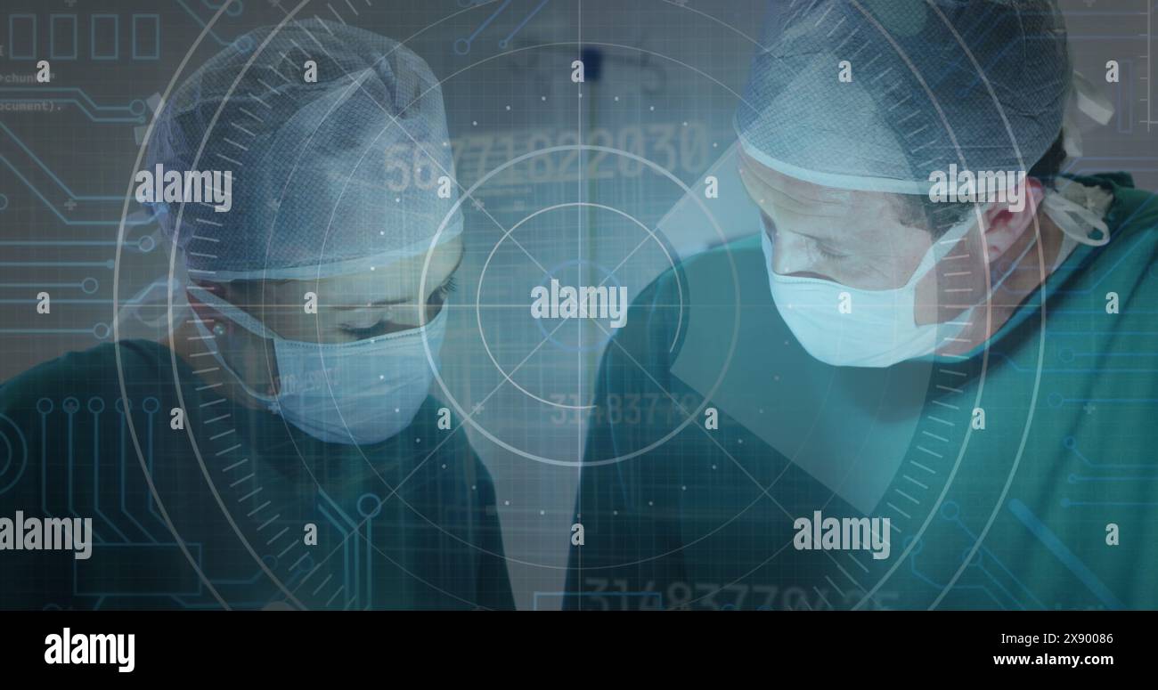 Image of round scanner against diverse male and female surgeons ...
