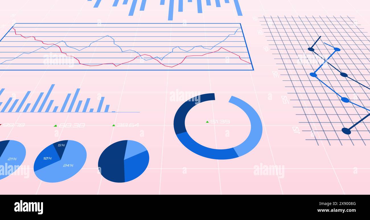 Image of multiple graphs, changing numbers and loading circles over pink background. Digitally ...