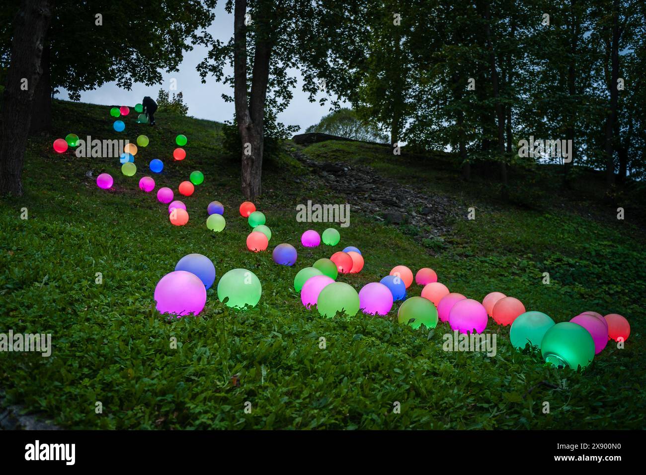 Colorful light balls on the grass. Background with colored transparent ...