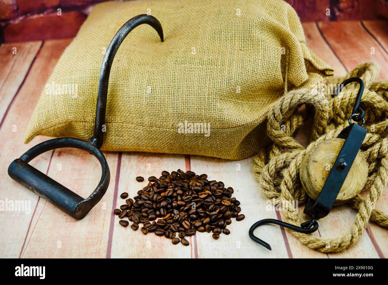 cargo hook, jute bag, coffee beans, rope and pulley Stock Photo - Alamy