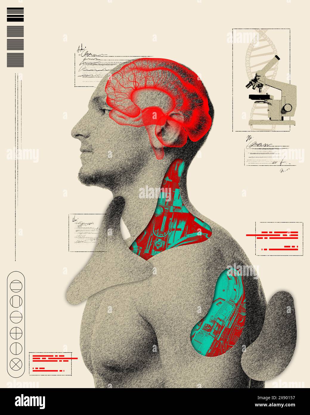 Neurological science. Profile view of human head with brain and neck ...