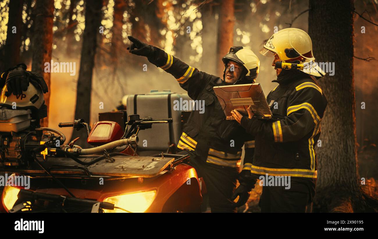 Portrait of Two Professional Firefighters Standing Next to ATV ...
