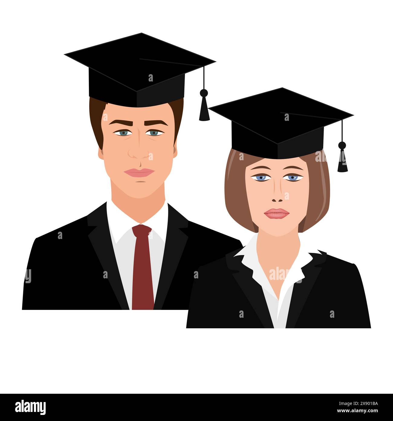 Portrait Of A Woman And Man In A Graduate Gown Isolated On White Background Vector Illustration