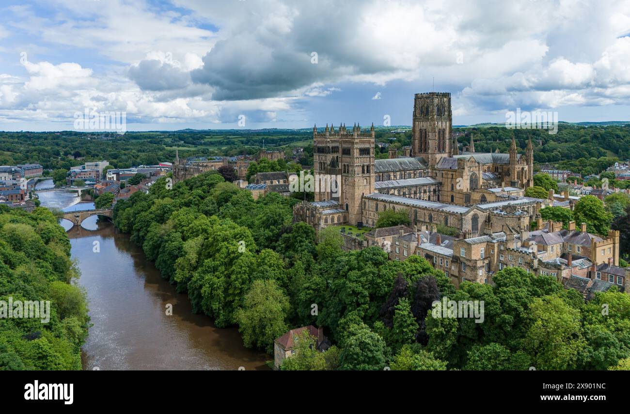 An aerial view of the Durham Cathedral, castle and river Wear in Durham ...