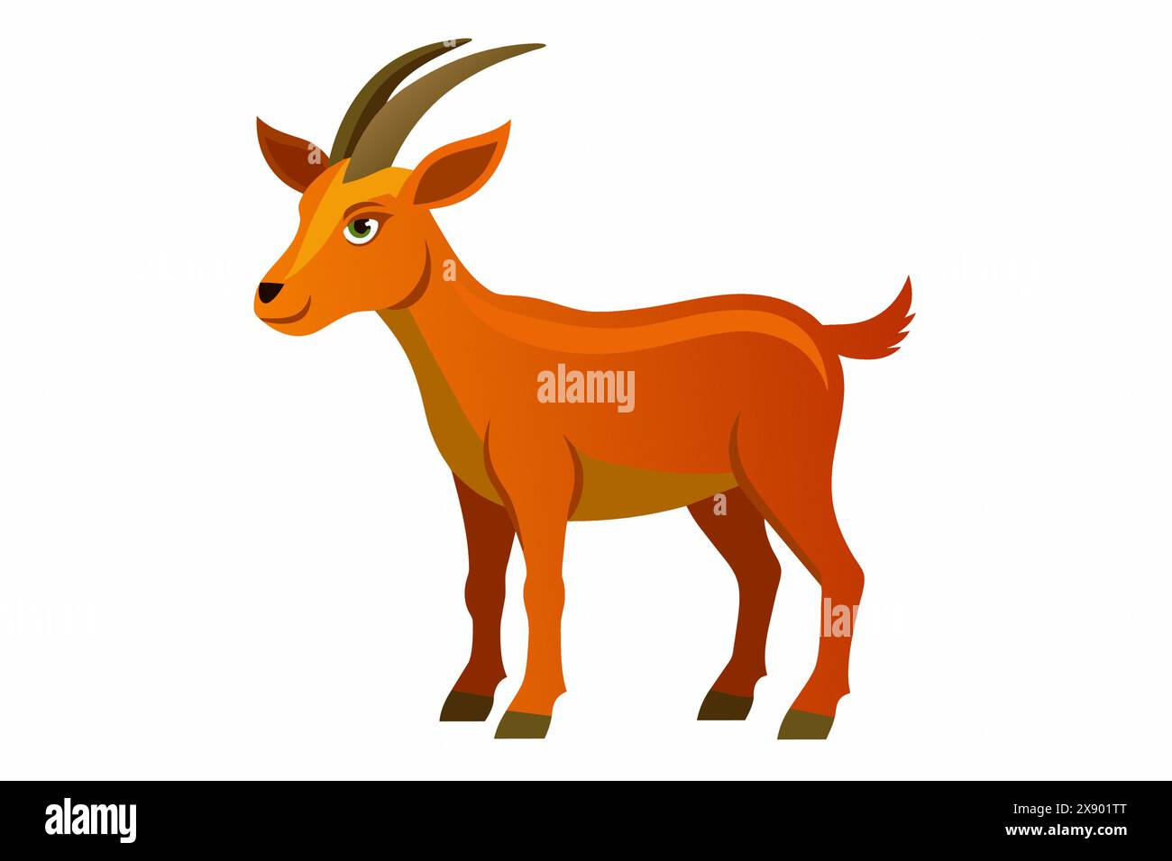 Cartoon goat with orange fur and curved horns, standing. Farm animal ...