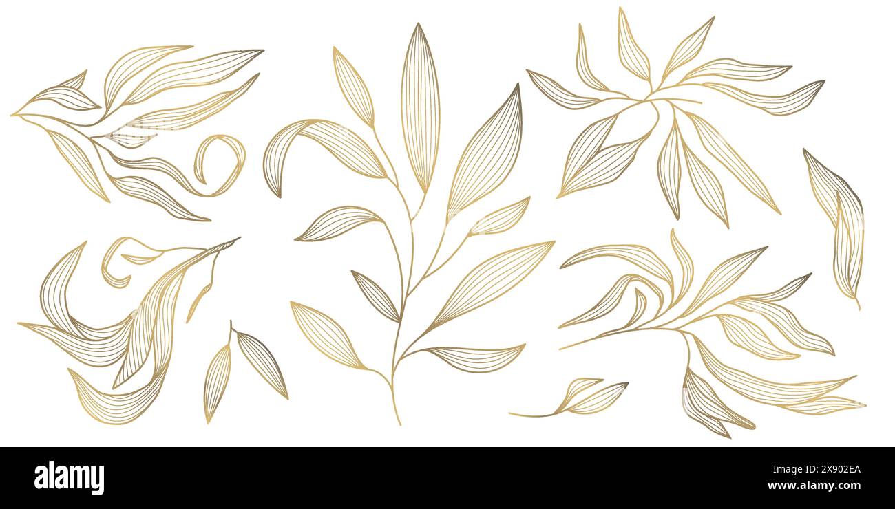 Vector set of gold wavy leaves isolated, plant branch line illustration ...