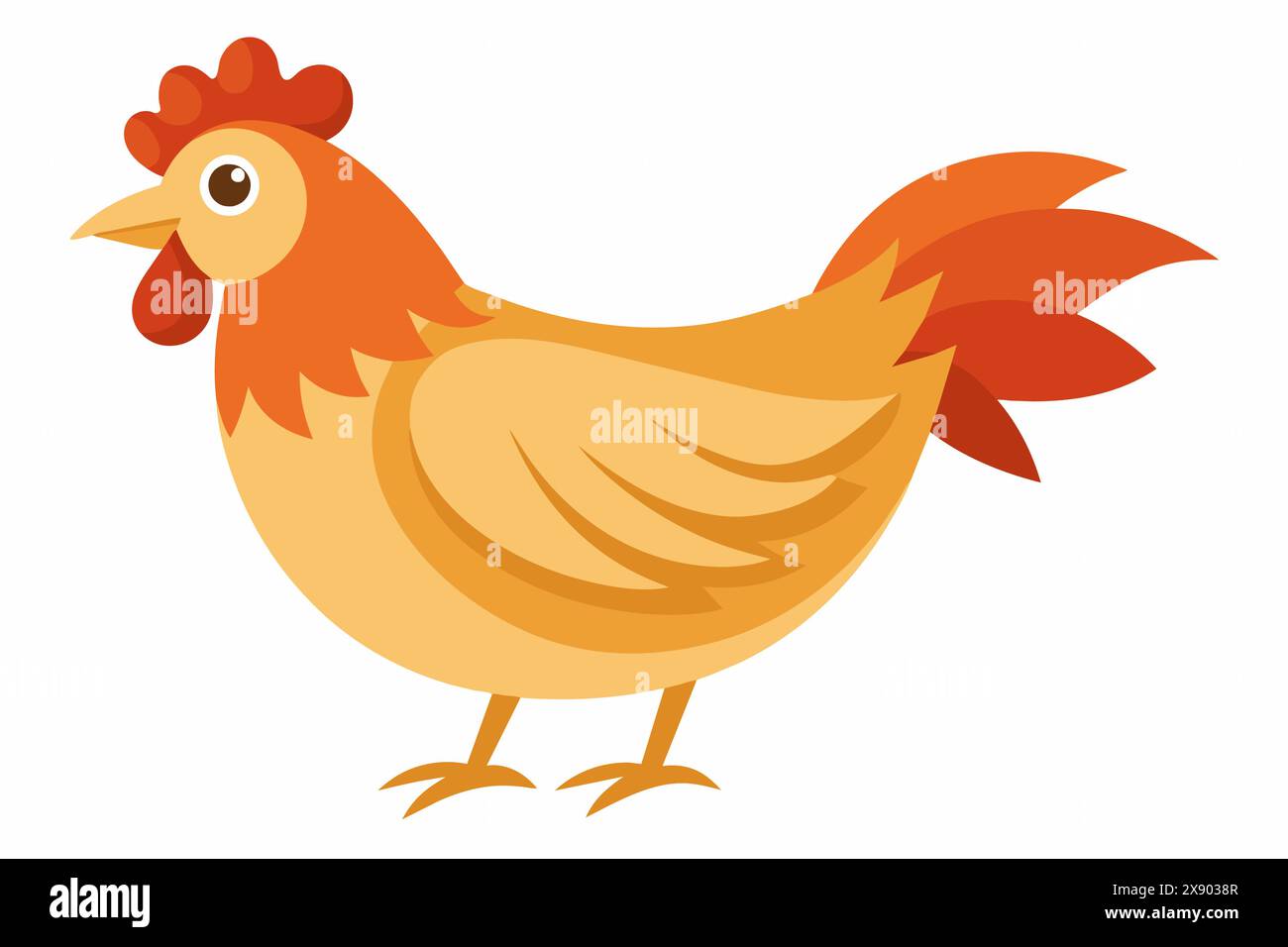 Cartoon chicken with red comb and orange feathers. Bright colors, farm ...