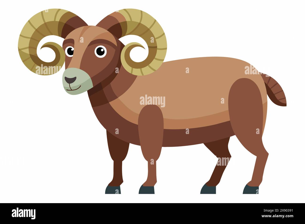 Cartoon bighorn sheep facing forward with large curved horns and brown ...