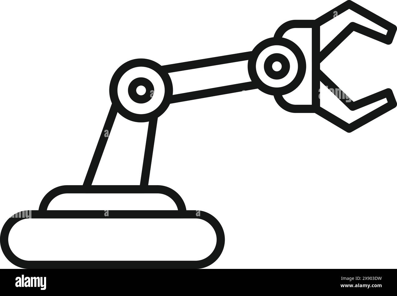 Black and white outline of a simple industrial robotic arm vector icon for automated ...