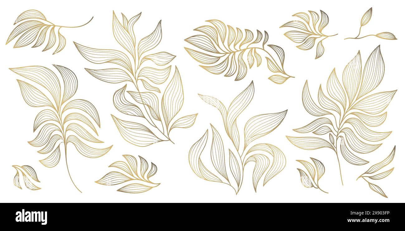 Vector set of gold wavy leaves isolated, plant branch line illustration ...