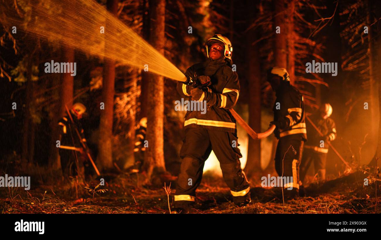 Experienced African American Firefighter Extinguishing a Wildland Fire ...