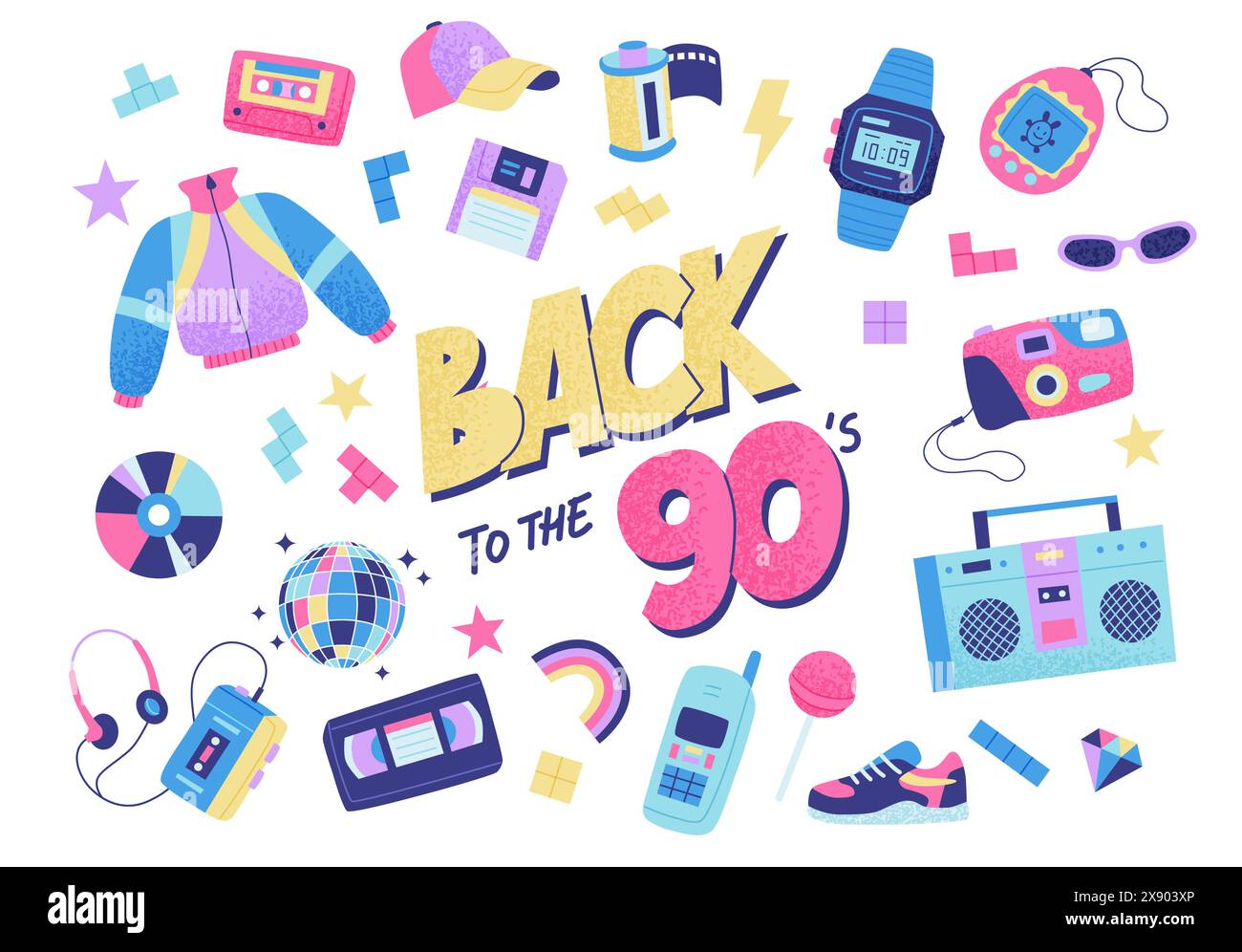 90s retro elements set with lettering. Bright multicolour collection. Vector illustration in ...