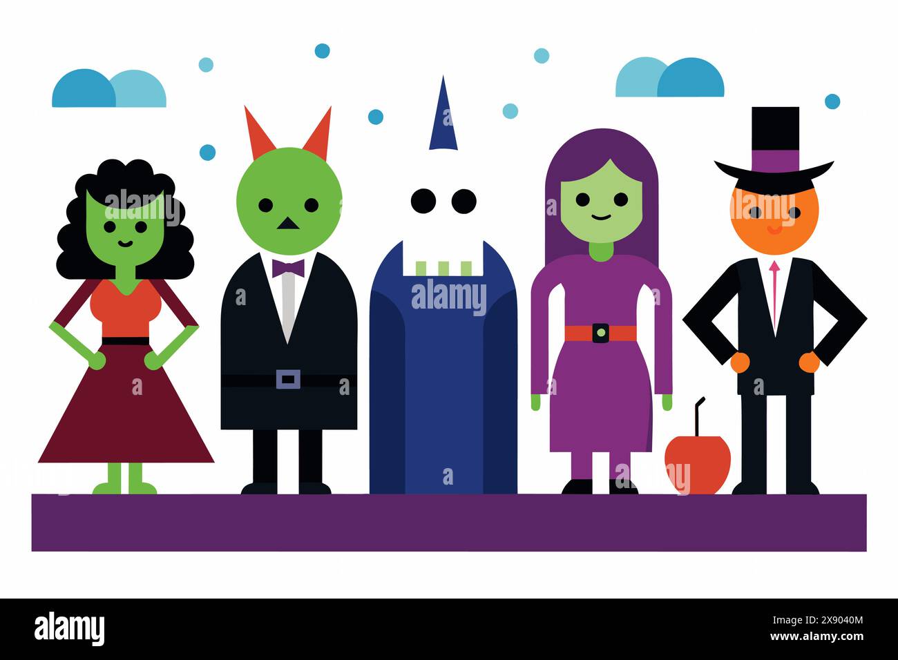 Cartoon Halloween characters including a witch, vampire, ghost, and ...