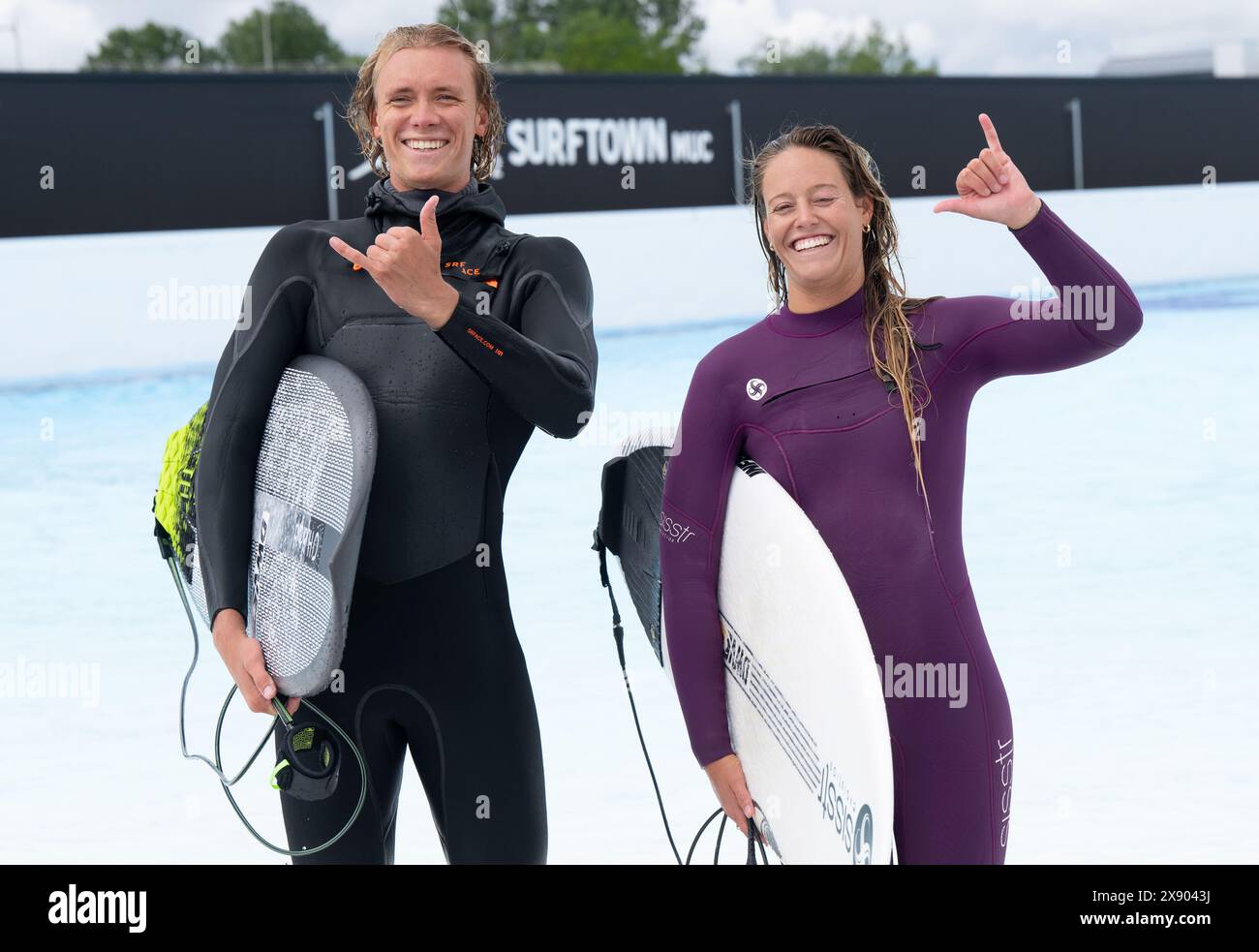 28 May 2024, Bavaria, Hallbergmoos: Tim Elter, surfer, and Camilla Kemp ...