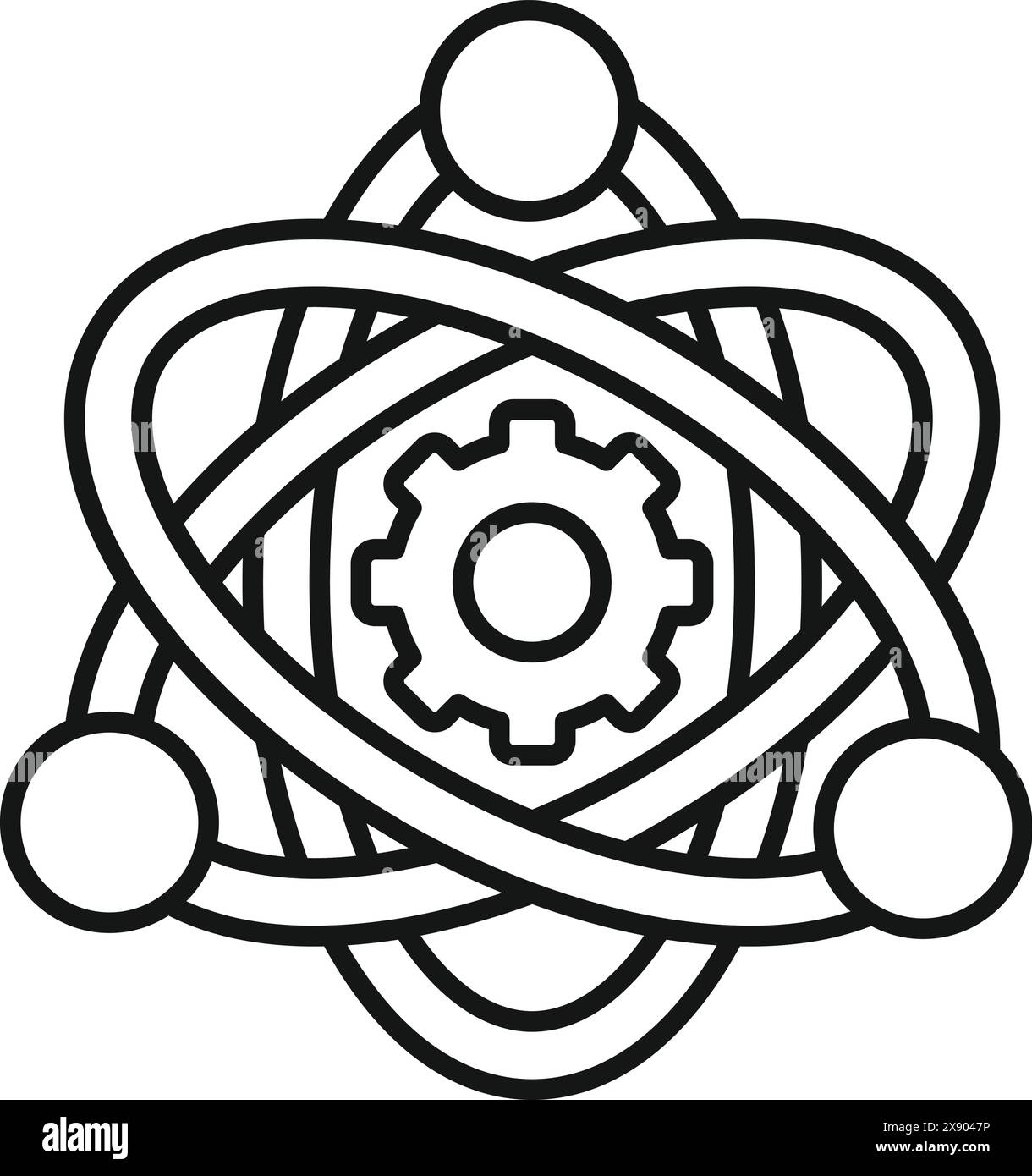 Black and white illustration featuring a stylized atom symbol with a ...