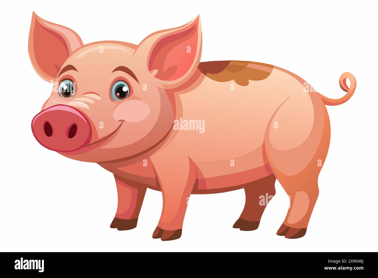 Cartoon pig smiling with brown spot on back. Happy farm animal ...