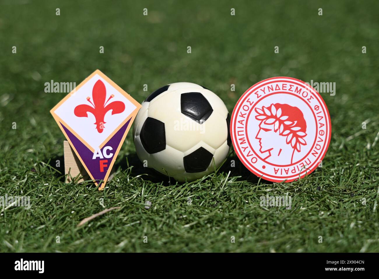 May 25, 2024, Athens, Greece. The emblems of the football clubs ...