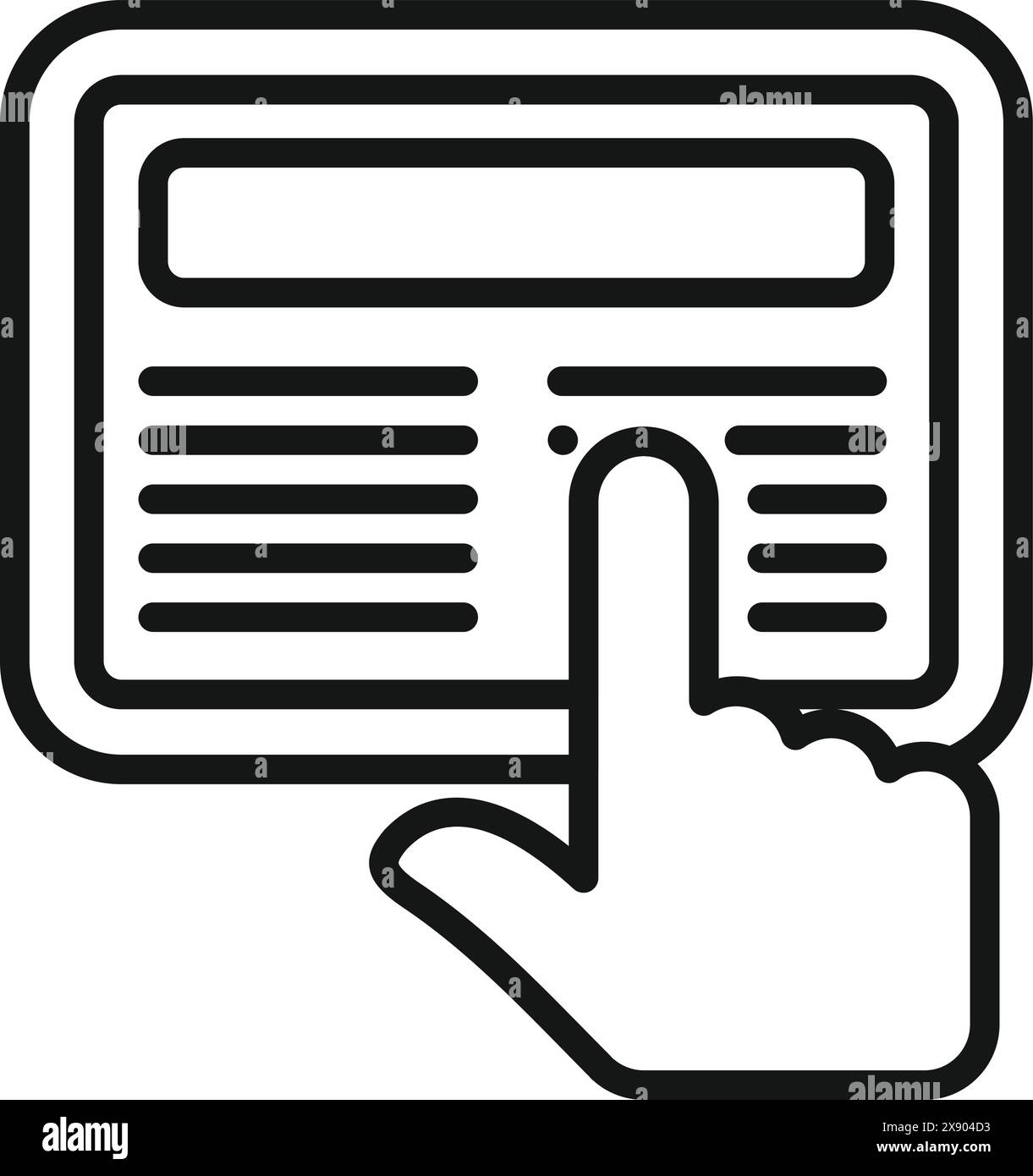 Digital tablet selection icon with touch screen. Line drawing. Hand pointing. And interactive ...