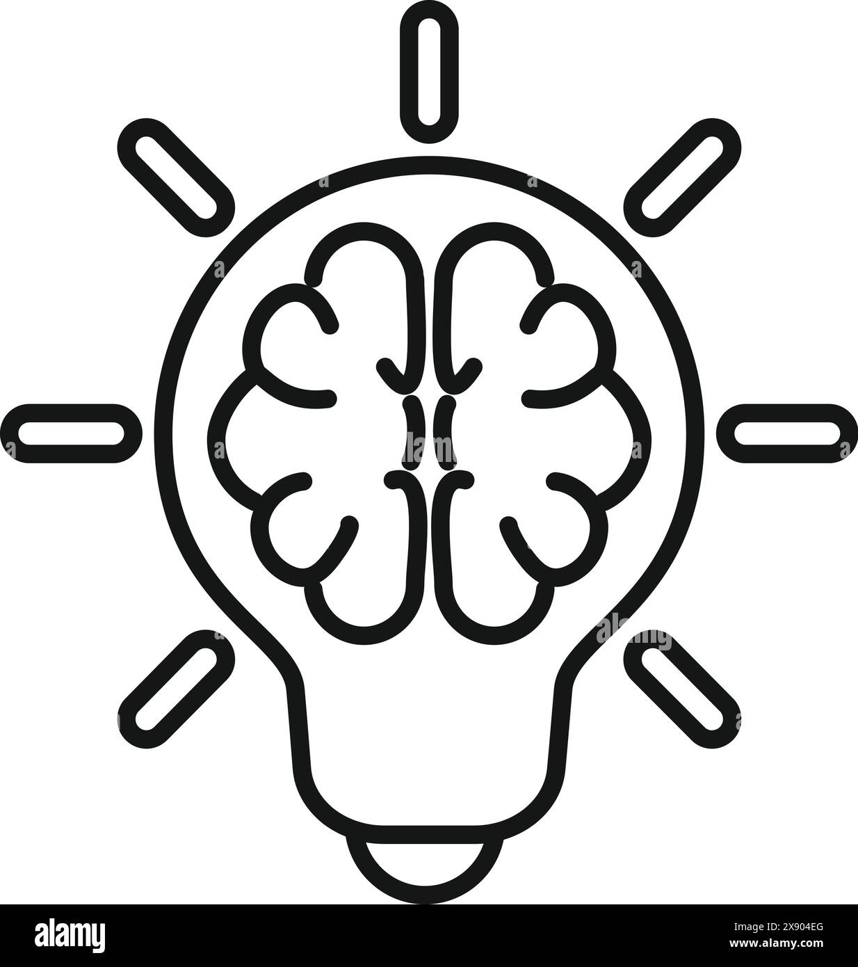 Black and white vector illustration of a brain inside a light bulb, symbolizing idea creation ...