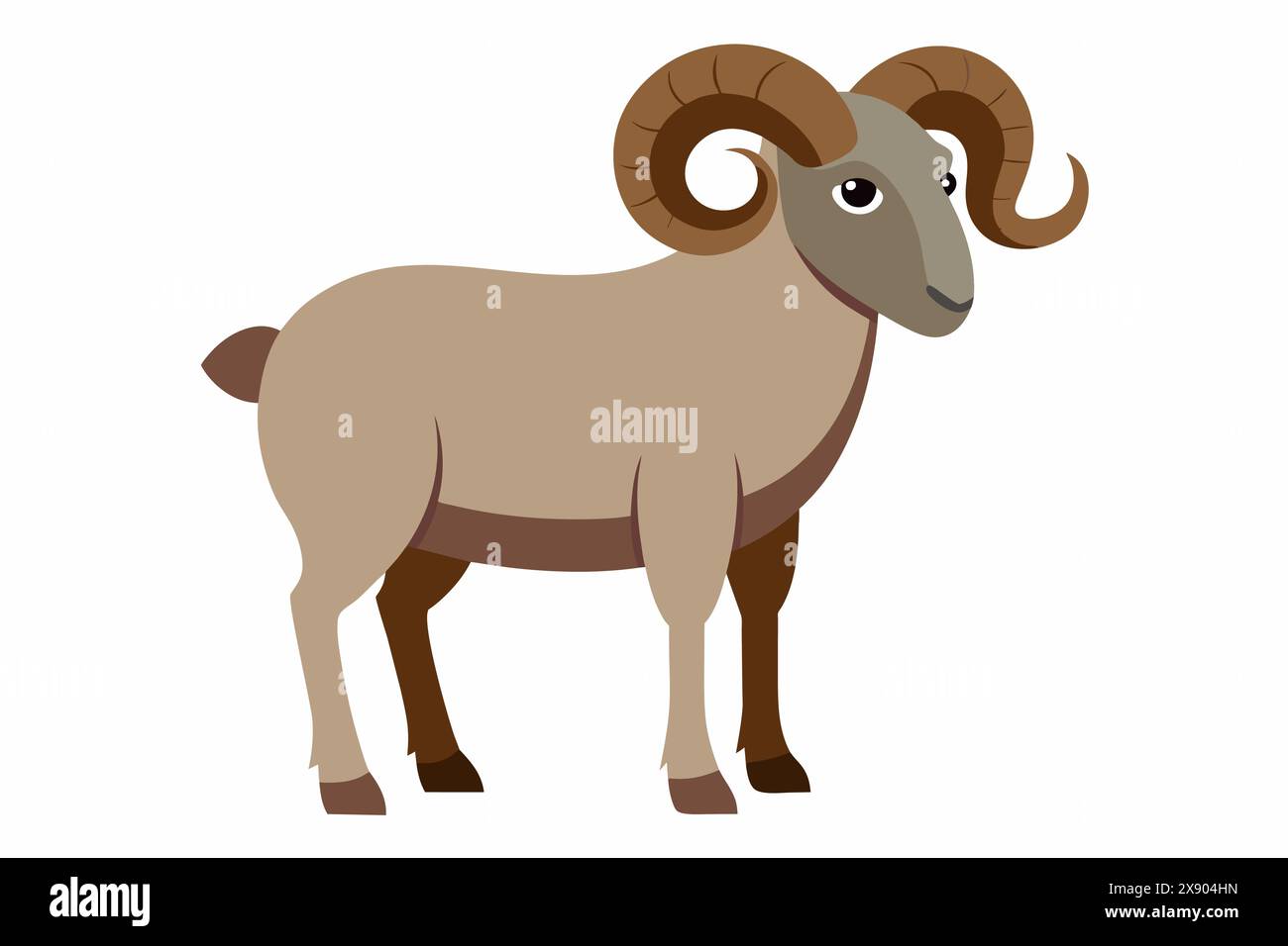 Cartoon bighorn sheep facing forward with large curved horns and brown ...