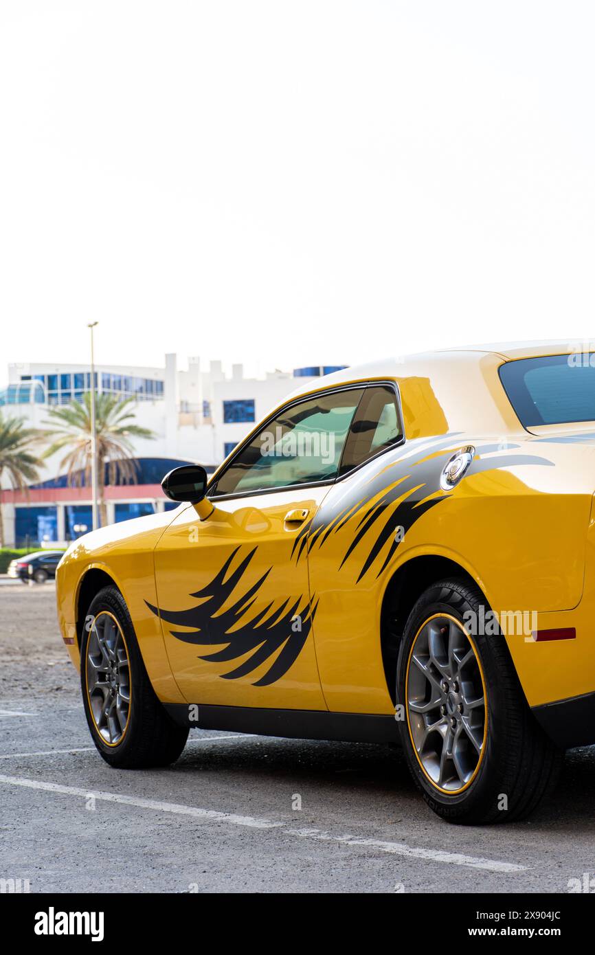 Close-up of yellow Dodge Challenger in the parking in Dubai City Stock ...