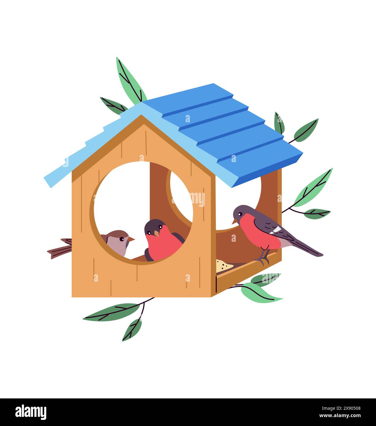 Birds flock eating in birdfeeder 2D cartoon illustration. Wooden feeder ...