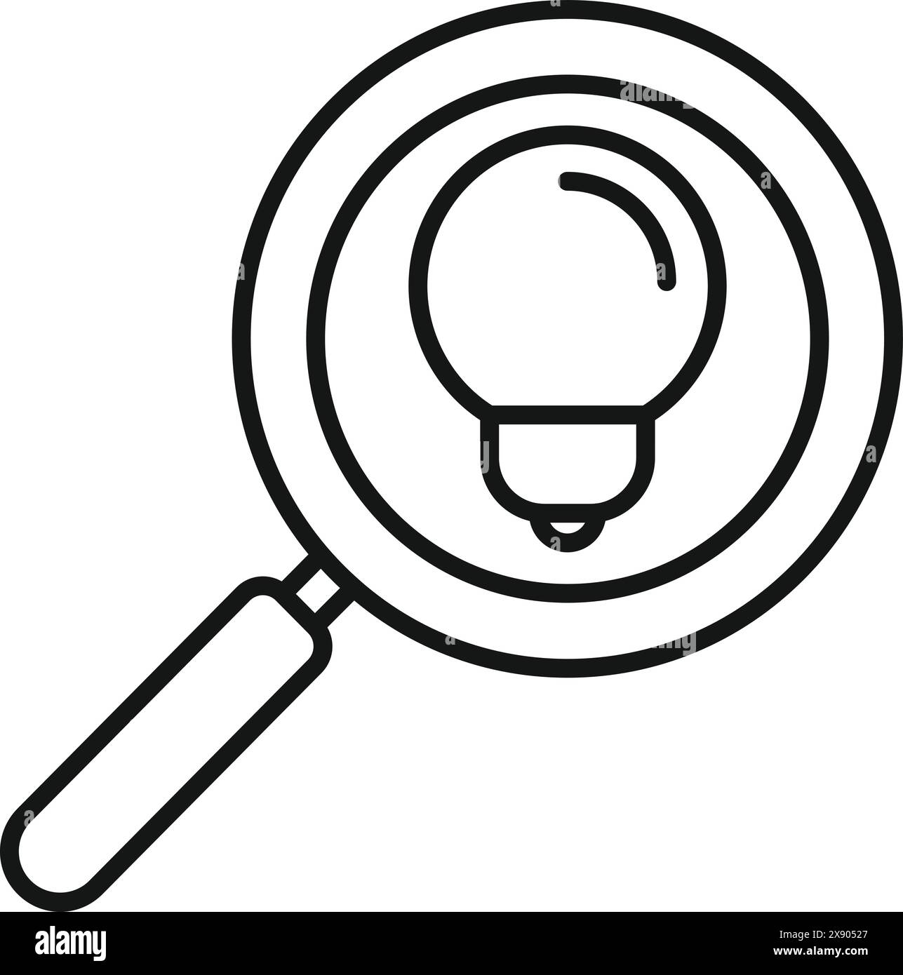 Simplistic line drawing of a magnifying glass focused on a light bulb ...