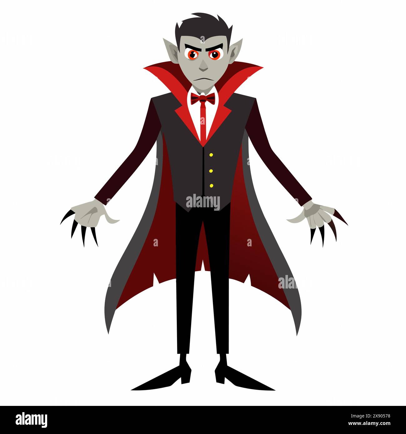 Cartoon vampire with red cape and fangs. Halloween character. Dracula ...